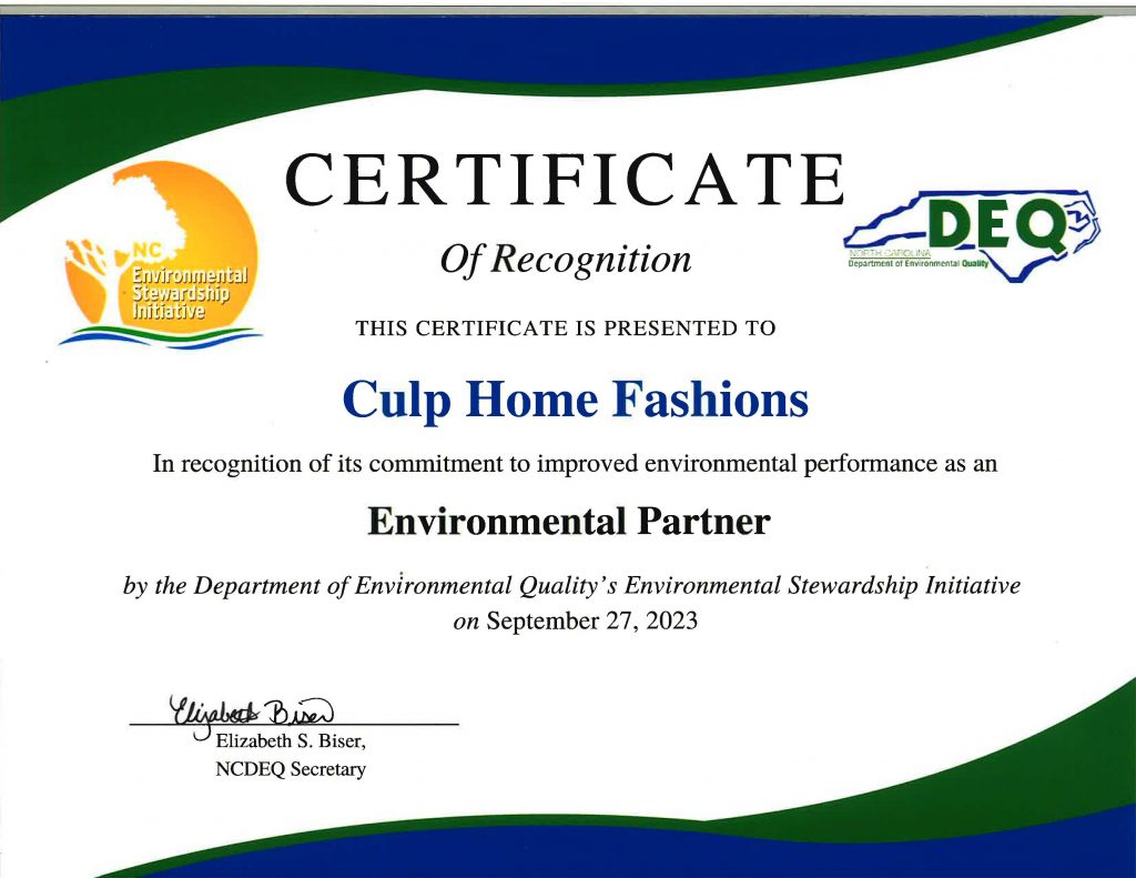 Culp Home Fashions Recognized As Environmental Partner By North Carolina Department Of ...